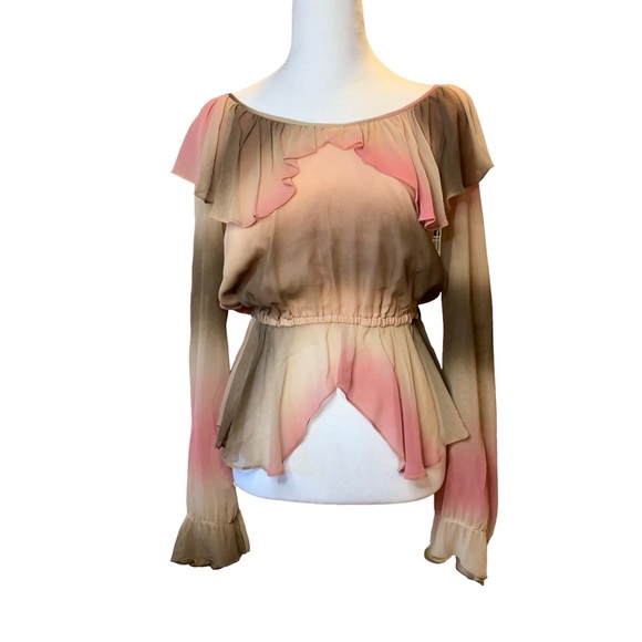 Tops | Vtg Luxury Silk Chiffon Long Loose Sleeve Top Ruffle Collar Hem ...